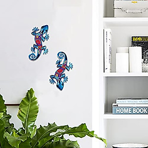 LIFFY Metal Gecko Wall Decor Indoor Room Home Glass Wall Hanging Sculpture Decorations Outside Lizard Garden Art Decorative Ornaments for Patio,Fence,Yard - Set of 2