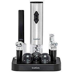 Ivation 9-Piece Wine Opener Gift Set | Deluxe Bar Kit with Electric Battery-Operated Bottle Opener, Air Pump Cork Extractor, Aerator Pourer, Wine Stoppers, Champagne Stoppers, Foil Cutter & Stand