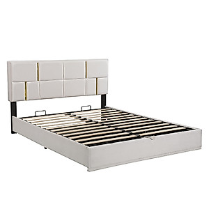 Anwickhomk Lift Up Storage Bed Queen Size Modern Upholstered Platform Bed with Headboard Wood Bed Frame with Hydraulic Storage System,Noiseless No Box Spring Needed, Easy Assembly (White)