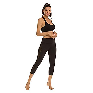 romansong High Waisted Workout Compression Capri Leggings for Women Petite Skinny Mesh Gym Legings with Pockets(Black,Small)