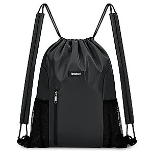 WANDF Drawstring Backpack with Shoulder Pad Sports Gym Backpack with Mesh Pocket String Bag for Women Men(Black)