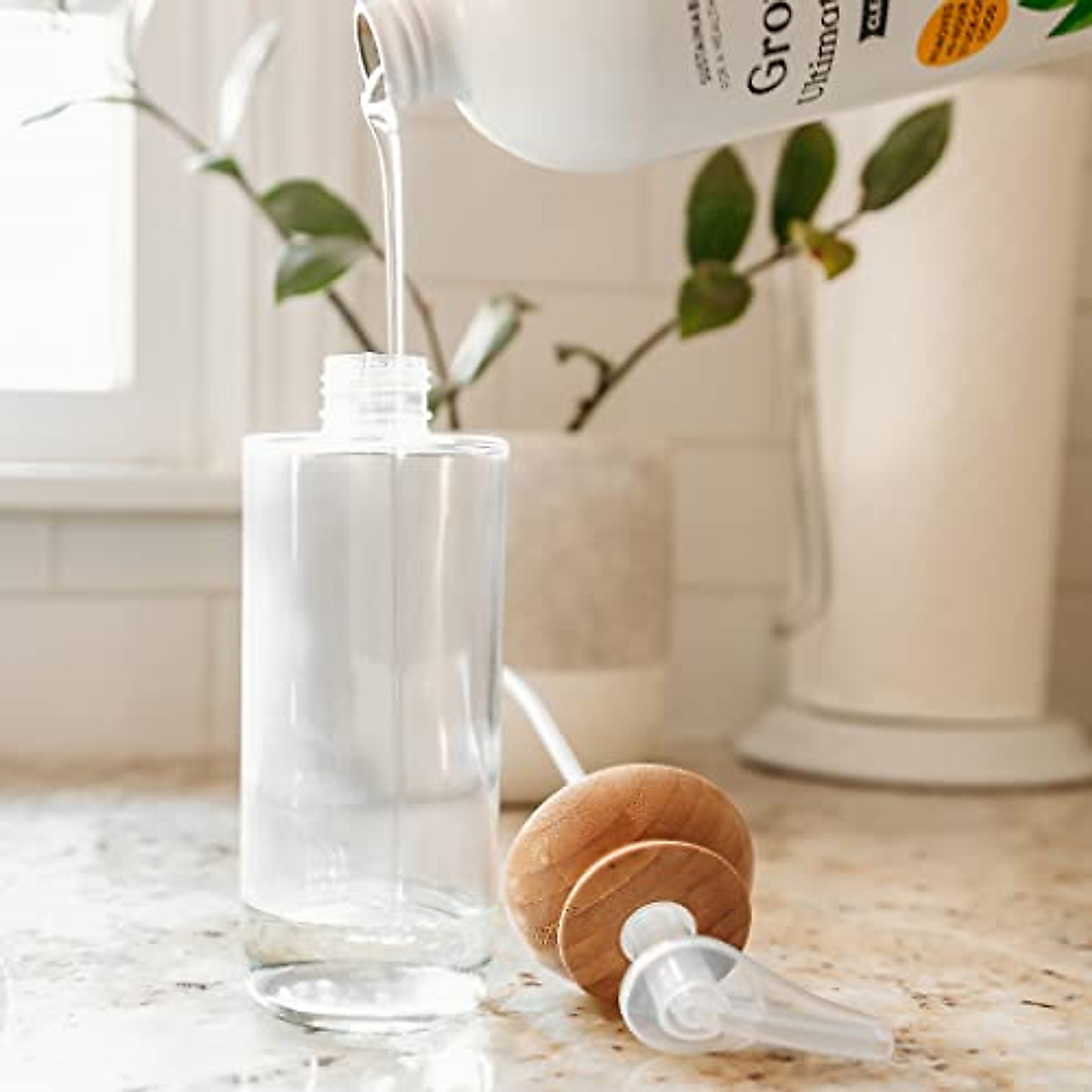 Full Circle Soap Opera Recycled Glass Gel Soap & Lotion Dispenser, Bamboo Lid, 12-Ounce, Clear