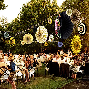 ADLKGG Party Hanging Paper Fans Set, Black Gold Round Pattern Paper Garlands Decoration for Birthday Wedding Bridal shower Graduation Events Accessories, Set of 16