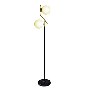 Hsyile Lighting KU300208 Modern Style Two Milky White Glass Orbs and Brass Finish Floor Lamp for Living Room,Bedroom,Office,Hotel,Light Pole and Base Black Finish