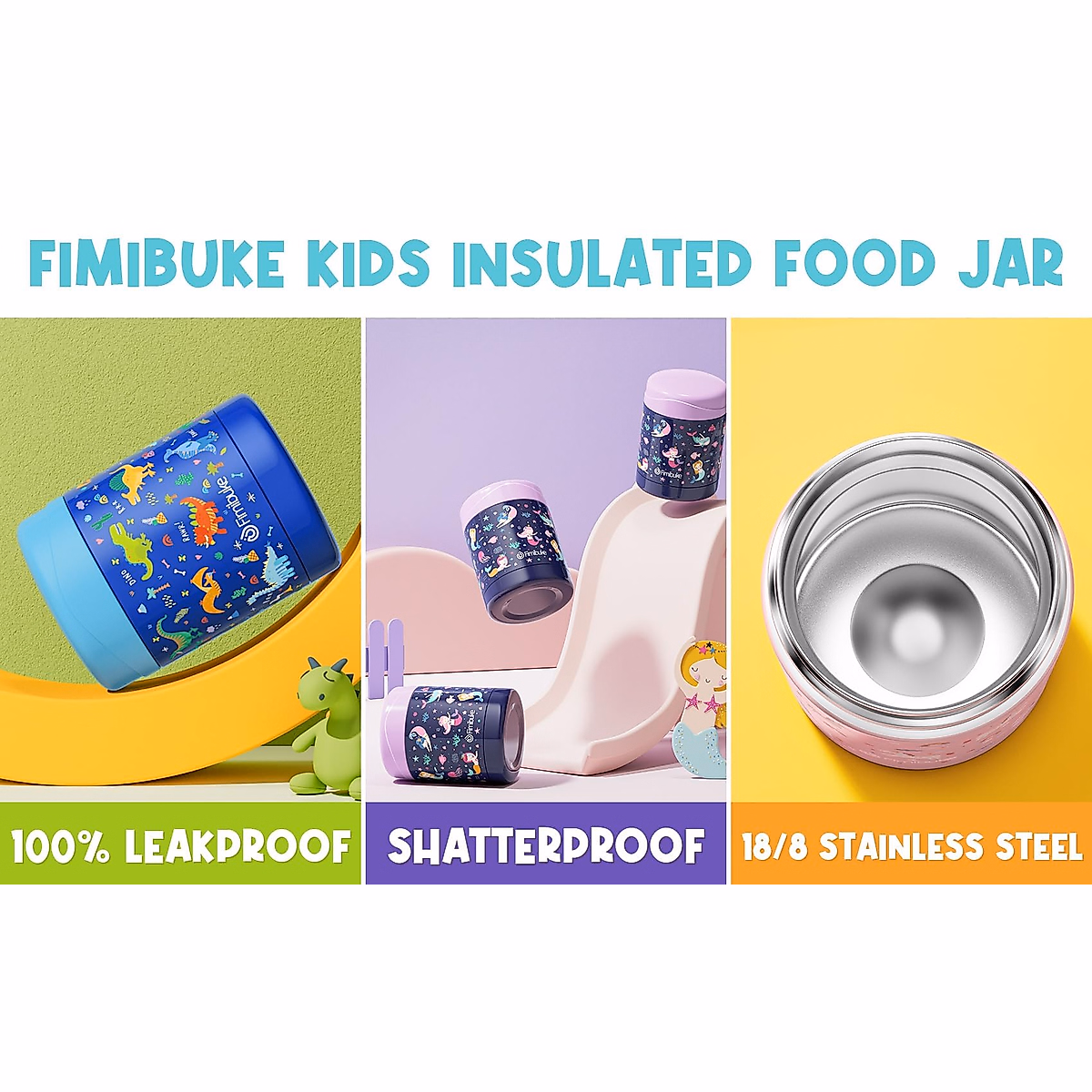 Fimibuke Kids Bento Snack Lunch Box with 4 Compartment, Insulated lunch Bag, Stainless Steel Vacuum Thermos Food Jar, Ice Pack, Utensils Set, Birthday Gift for Age 3-12 Back to School Toddler Girl Boy