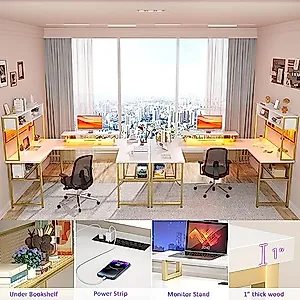 Unikito Modern Reversible L-Shaped Desk with Hutch, 60"W x 60"D x 72"H, 3 Desktops, RGB LED Strip Lights, Smart App Control, Monitor Stand, 4 Power Outlets, 2 USB Charging Ports, Grid Design