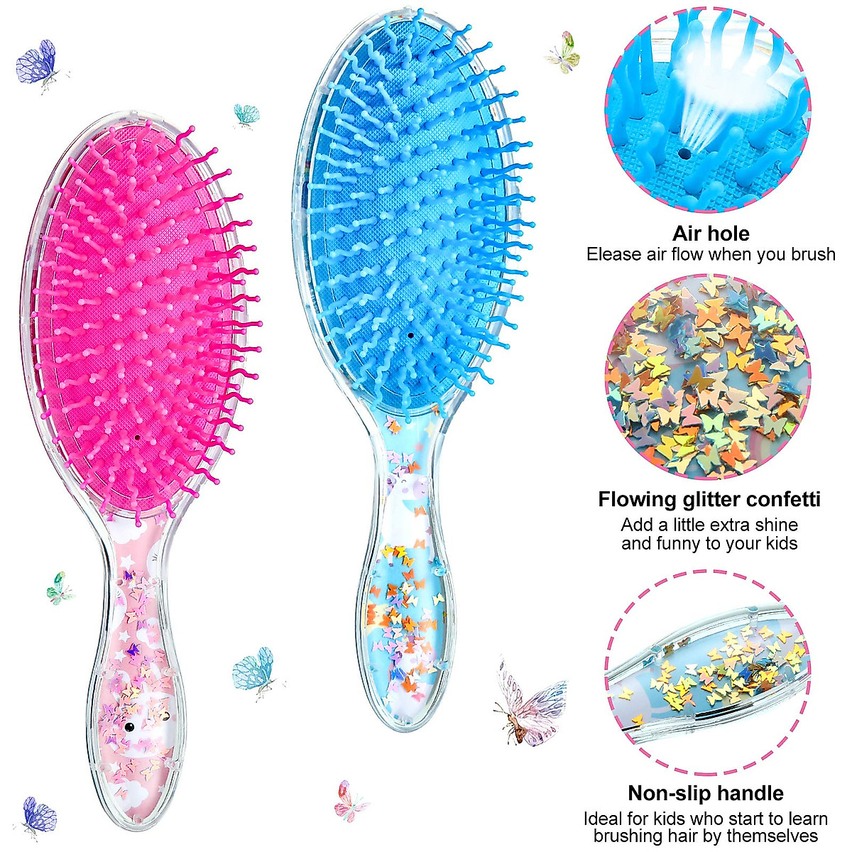 2 Pieces Kids Wet Hair Brush Confetti Glitter Detangler Set Soft Bristles Massage Brush for Baby Kids Girls Christmas Holiday Presents(Rabbit and Unicorn)
