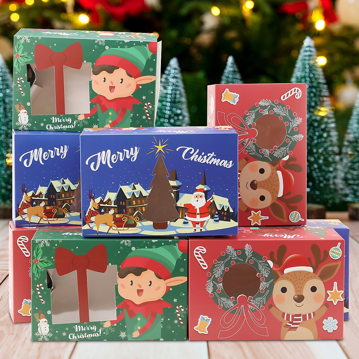 SAITI 24 PCS Christmas Cookie Boxes Bakery Christmas Treat Boxes Christmas Cookie Tins with Lids Christmas Cookie Gift Baking Box for Gift Giving Holiday Party Food Packaging Containers