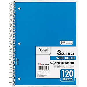 Mead 75698 Spiral Notebook, Wide Ruled, 3 Subject, 120 Sheets, 10.5" x 8", Assorted Colors, 6 Pack