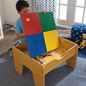 KidKraft 2-in-1 Reversible Top Activity Table with 200 Building Bricks and 30-Piece Wooden Train Set, Natural, Gift for Ages 3+