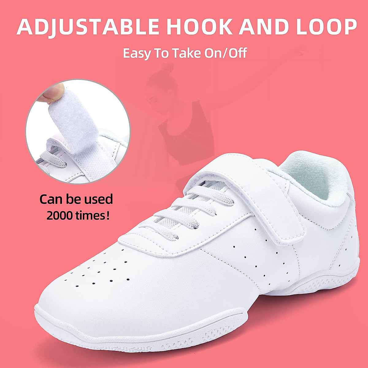 Akk Women Cheer Shoes Youth Girls - White Teen Cheerleading Sneakers Non Slip Durable Hook and Loop Comfortable Breathable Sports Athletic Team Dance Cheer Shoes Size 6.5