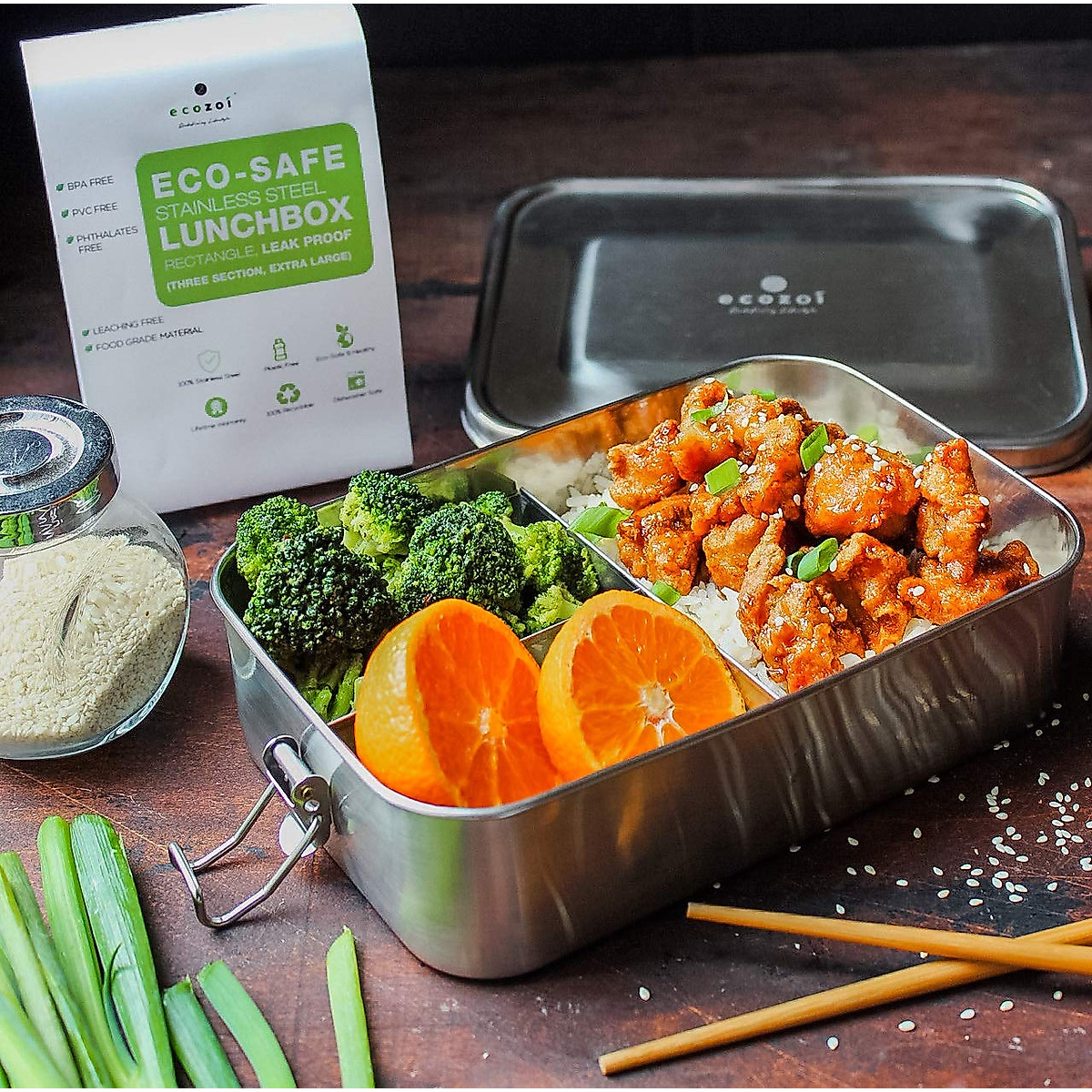 ecozoi Stainless Steel Lunch Box, Leak Proof 3 Compartment, Medium | Redesigned Silicone Seal | Sustainable Zero Waste Eco Friendly Bento Box Food Storage Container