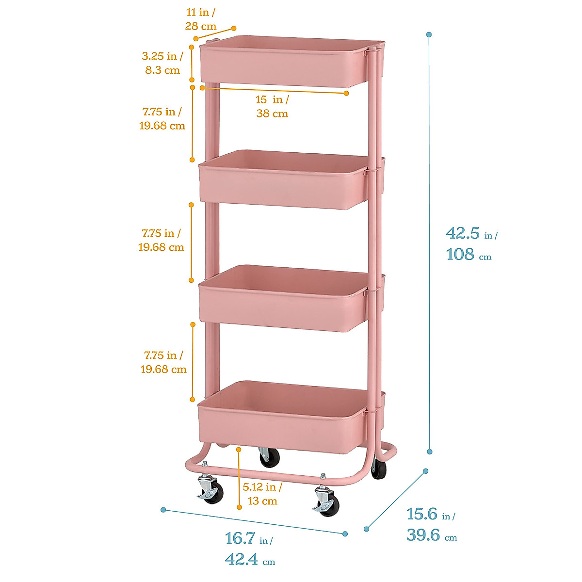 ECR4Kids 4-Tier Metal Rolling Utility Cart, Multipurpose Storage, Pink
