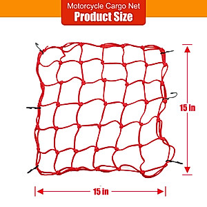 Amiss 15"x15" Elastic Motorcycle Cargo Net, Heavy Duty Bungee Net with 6 Adjustable Plastic Hooks, Luggage Thicken Netting with 2"x2" Small Mesh, Fit for Trailer, SUV, Motorcycle, ATV, Bike - Red