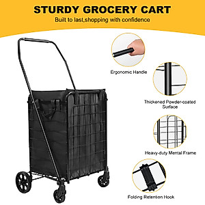 Realife Foldable Shopping Cart with Liner, Portable Utility Cart with Wheels for Grocery and Heavy Duty, 120lbs, Black