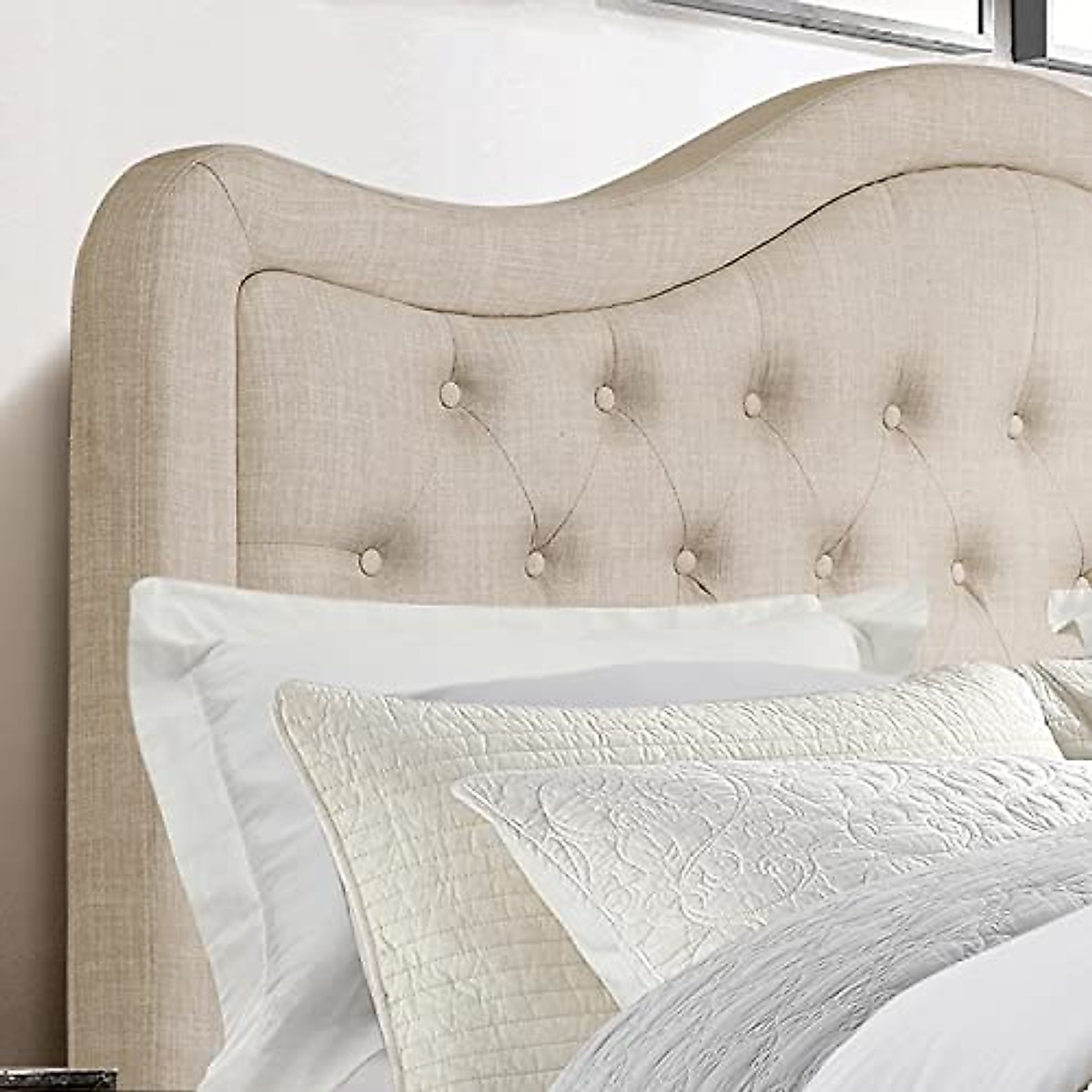 Rosevera Turin Linen Upholstered Panel Bed with Ajustable Button-Tufted Headboard for Bedroom, King, Natural Beige