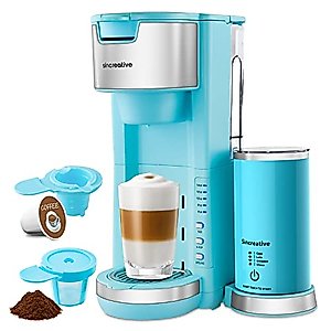 Single Serve Coffee Maker with Milk Frother, 2-In-1 Cappuccino Coffee Machine for K Cup Pod and Ground Coffee, Single Cup Brewer Compact Latte Maker with 30 oz Removable Tank, Blue