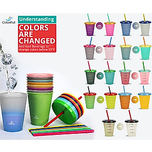 COLORPUL Kids Cups with Straws and Lids- 9 Packs 16 oz- Color Changing Cups - Thick Reusable Insulated Plastic Cups with Straws for Coffee, Smoothie Cups
