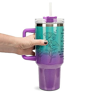 Elanze Designs Serenity Prayer Lord Grant Me Flowers 40 oz. Stainless Steel, Large Water Bottle Coffee Mug, Spill & Leak Resistant, Thermal Travel Tumbler with Handle, Lid & Straw, Teal/Purple