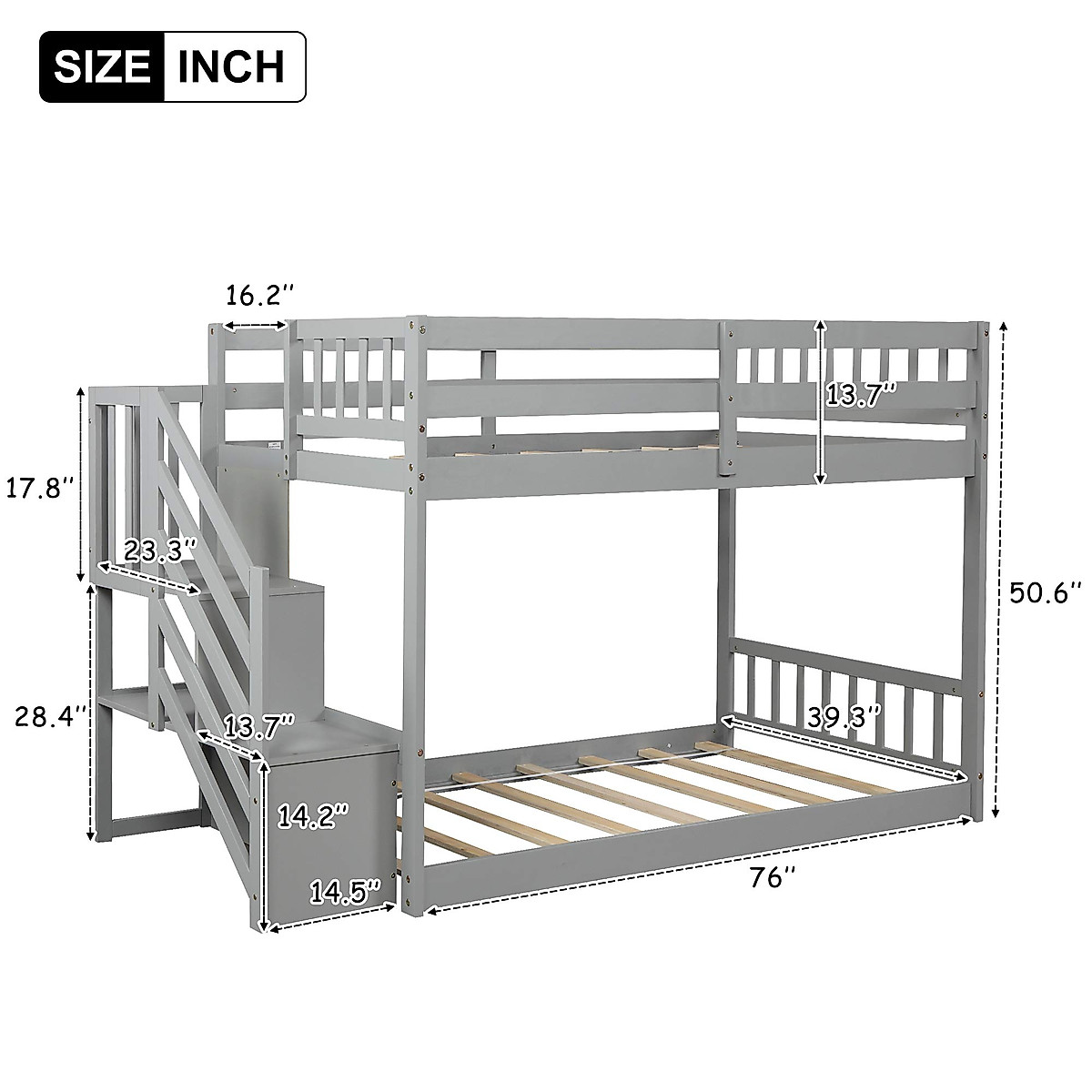 Flieks Bunk Bed with Storage Staircase, Twin Size Bunk Bed for Kids, Teens, No Box Spring Needed (Gray)