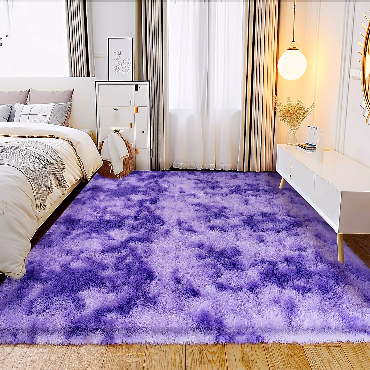 Tie-Dyed Purple Shaggy Rugs Fluffy Carpets, Indoor Modern Plush Area Rugs for Living Room, Upgrade Anti-Skid Area Rug, Rectangular 4x6 Feet Fuzzy Rug for Nursery Home Decor