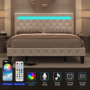 Benevika Full Size Bed Frame with LED Lights, Upholstered Platform Bed Frame, Adjustable Headboard with Charging Station, Wooden Slats Support, Easy Assembly, No Box Spring Needed, White