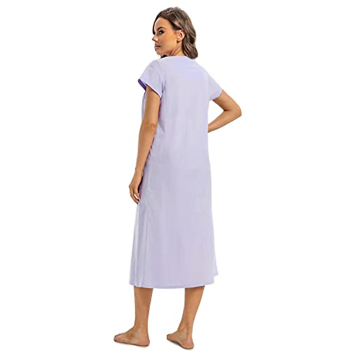 QRRLUEN Women's Nightgown Short Sleeve Cotton Mid Length Sleepwear Soft Comfy Button Loungewear Night Dress lilac colour