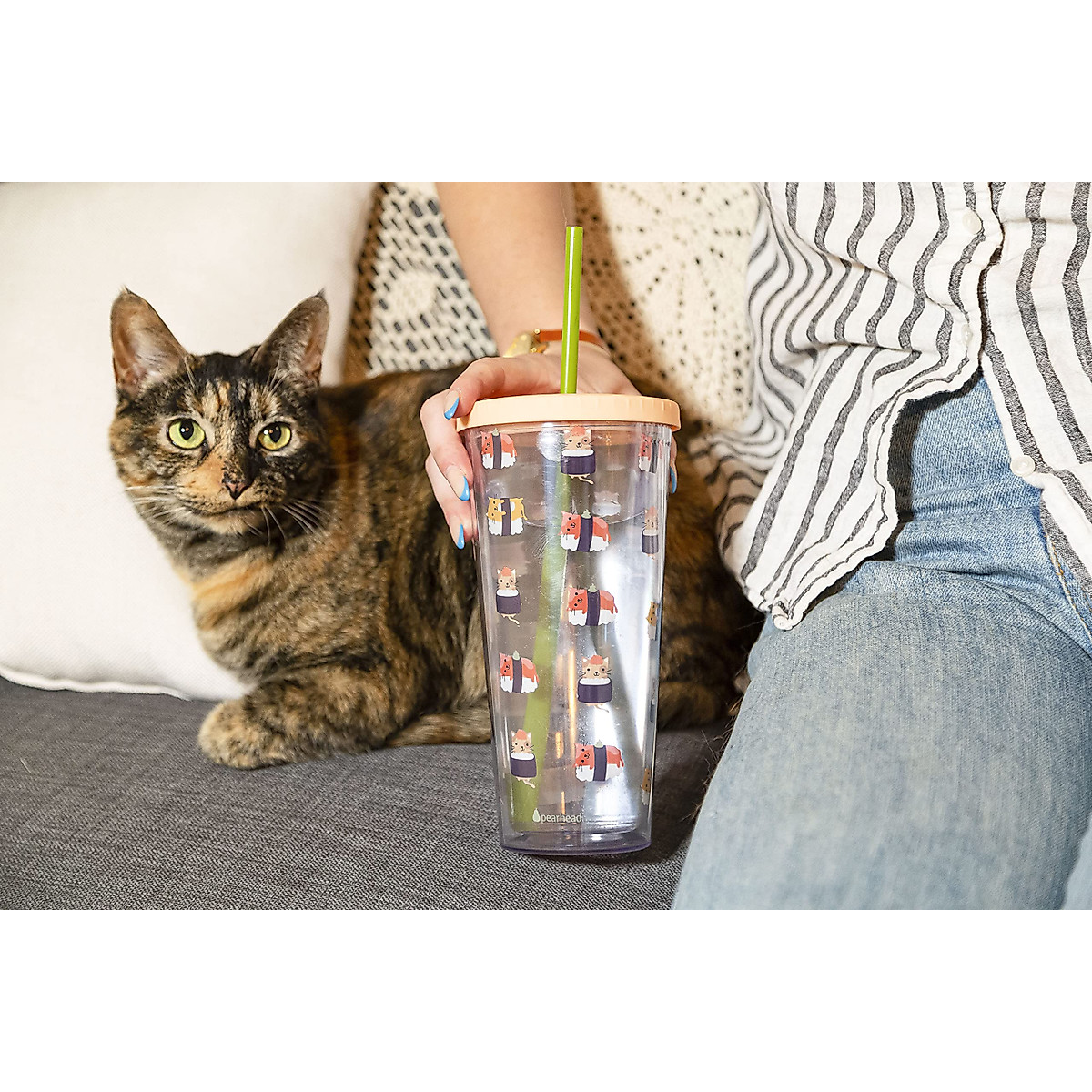 Pearhead Cat Sushi Water Tumbler, Pet Owner Travel Tumbler Cat Accessory, Cat Owner Water Cup for At Home or On-the-Go, Drink Tumbler with Twist on Lid and Reusable Straw, 22oz