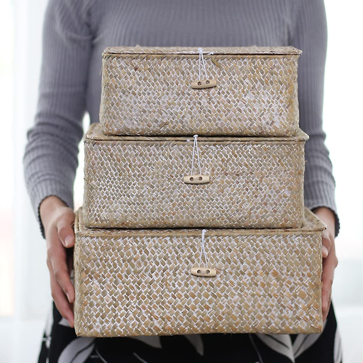 HAPYFURN Seagrass Handmade Woven Storage Basket with Lid Rectangular Natural Rattan Box for Toys Clothes Books Keys Multifunctional Makeup Organizer Set of 3 Shelf Basket