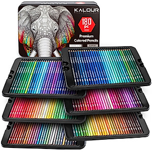KALOUR 180 Colored Pencil Set for Adults Artists kids- 3.3mm Rich Pigment Soft Core -12 Metallic Pencil - Wax-Based - Ideal for Coloring Drawing Sketching Shading Blending - Vibrant Color（Tin Case）