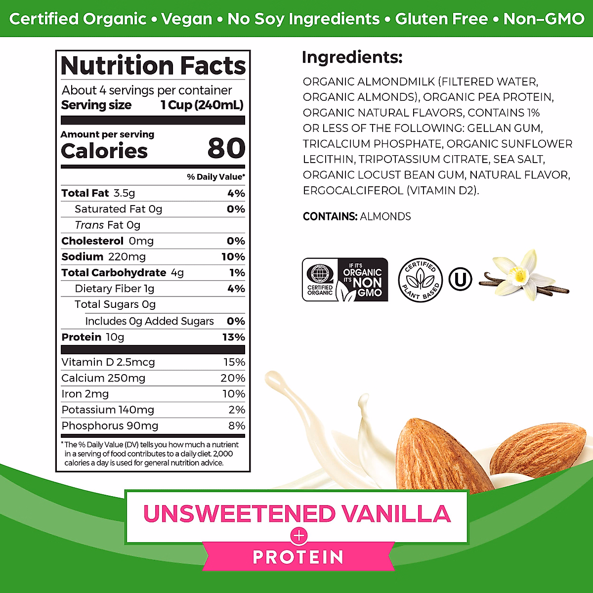 Orgain Organic Vegan Protein Almond Milk, Unsweetened Vanilla - 10g Plant Based Protein, With Vitamin D & Calcium, Gluten Free, Dairy Free, Lactose Free, Soy Free, No Sugar Added, 32 Fl Oz (Pack of 6)