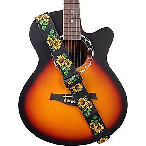 uxcell Guitar Strap, Classical Vintage Sunflower Print Guitar Shoulder Straps with Leather End, Adjustable Strap with free Lace Tie for Bass, Electric & Acoustic Guitars