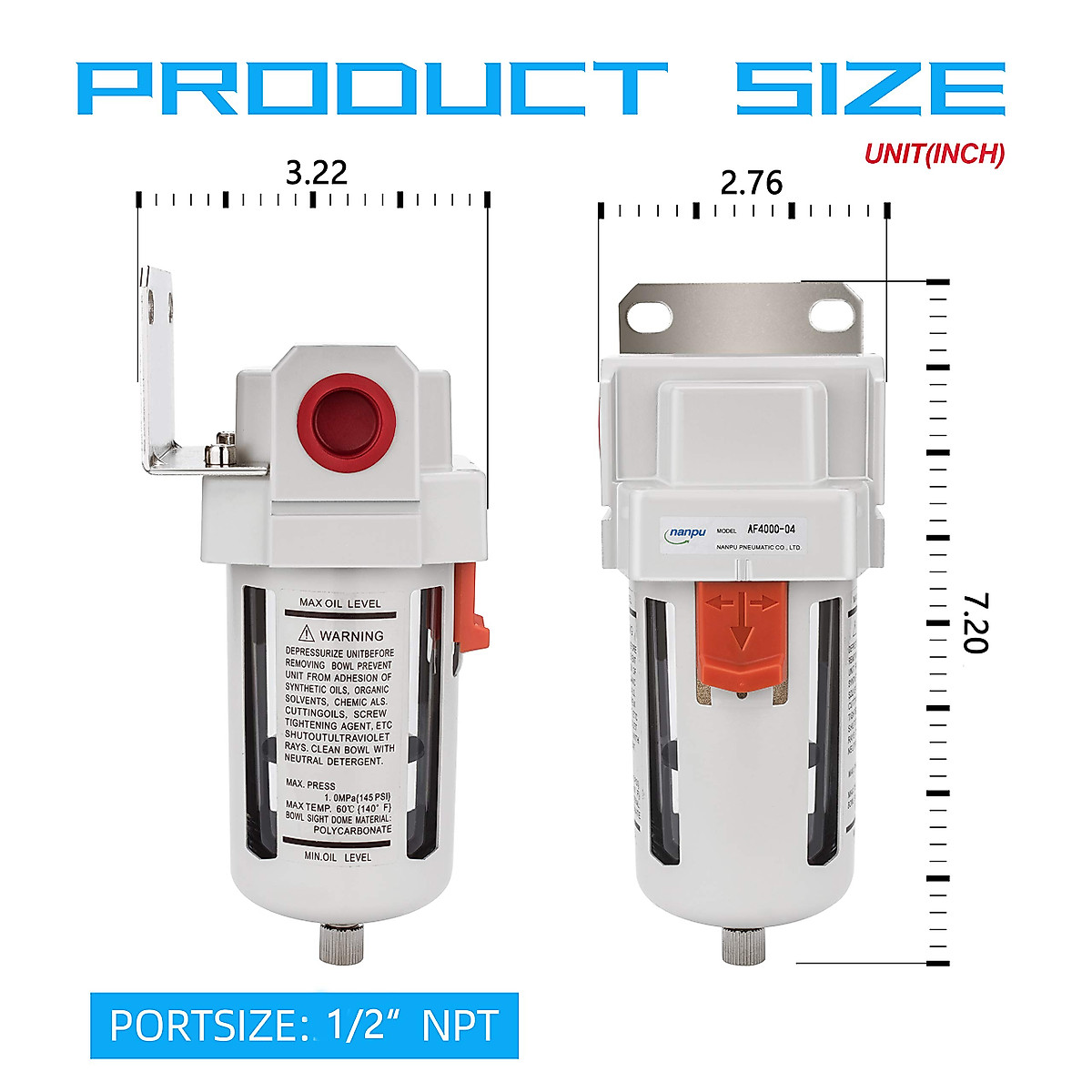 NANPU 1/2" NPT Compressed Air Line Filter, 5 Micron Brass Element, Bracket, Poly Bowl, 145 psi