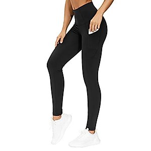 THE GYM PEOPLE Thick High Waist Yoga Pants with Pockets, Tummy Control Workout Running Yoga Leggings for Women (Large, Black  )