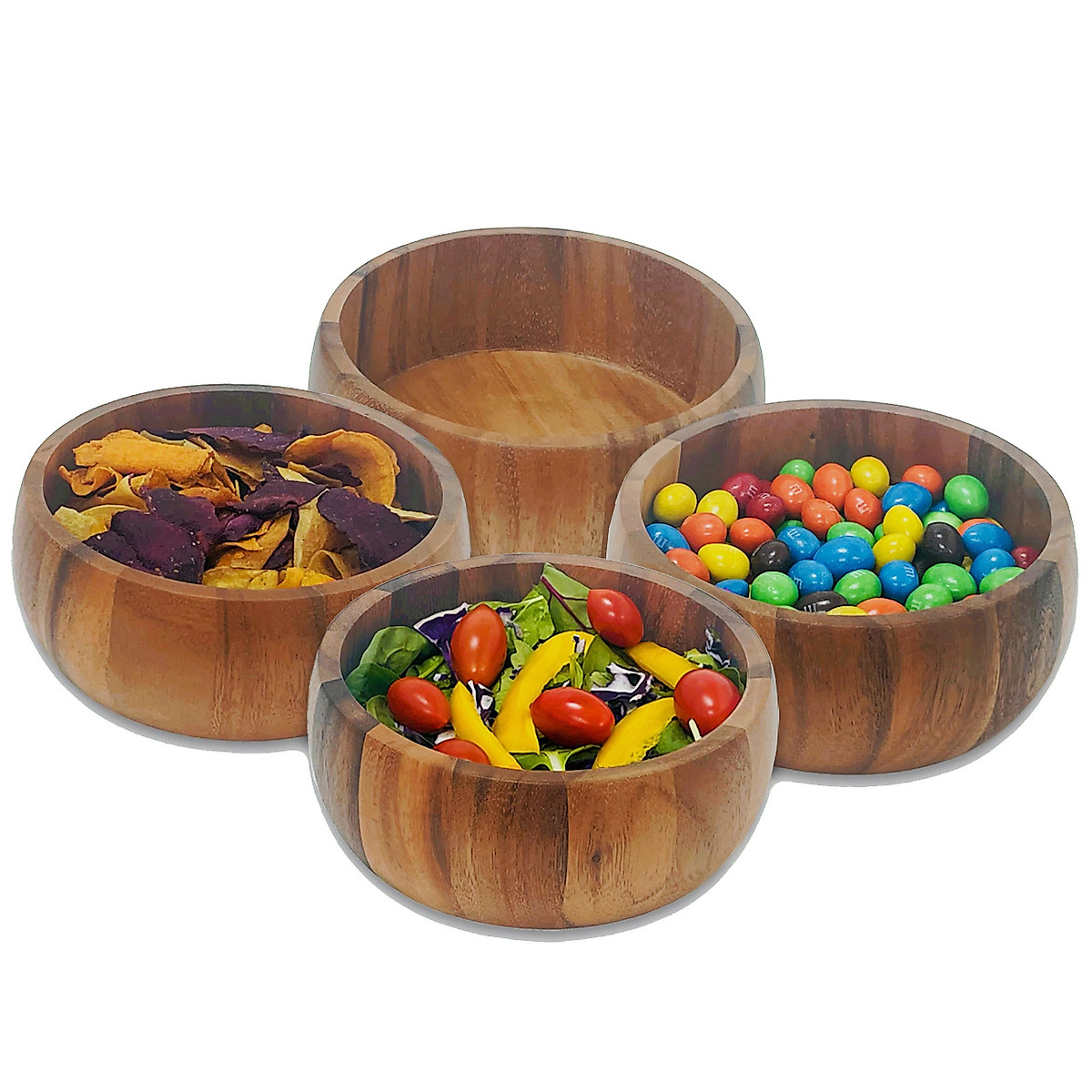 Woodard & Charles Set of 4 Acacia Wood Large Individual Salad Bowls, Snack Serving Bowls, 6 1/2" x 2 1/2"