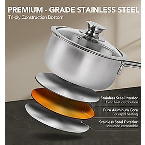 Michelangelo Stainless Steel Pot Set, 6 Piece Small Sauce Pot, 1.5qt & 2.5qt & 3.5qt Saucepan with Lids, Works with Induction, Electric and Gas Cooktops, Oven Safe