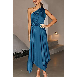 PRETTYGARDEN Women's Summer Long Satin Dress One Shoulder Sleeveless Ruched Twist Flowy Maxi Dresses (Lake Blue,Small)