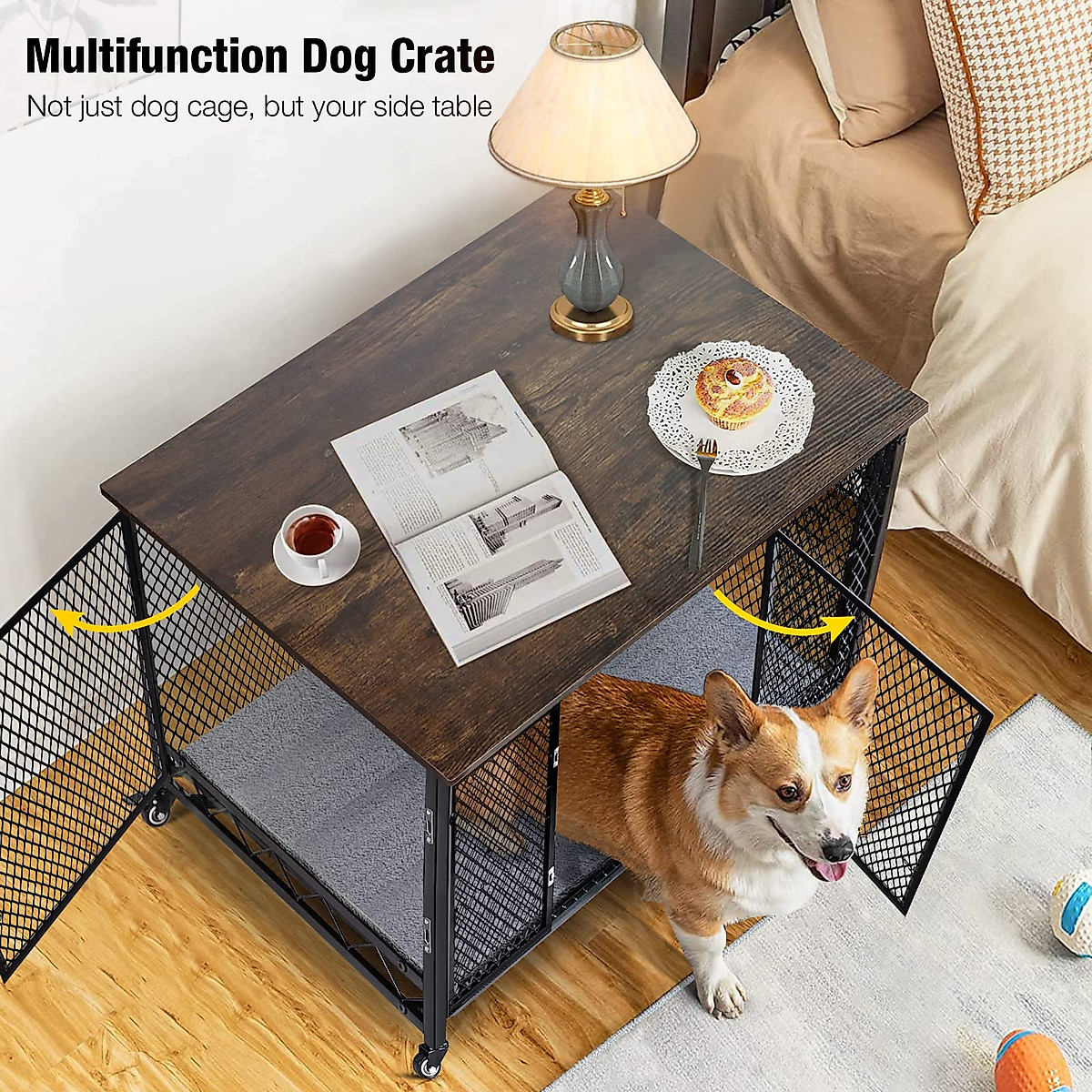 Aivituvin Dog Crate Furniture Movable Side End Table Indoor Dog Kennel for Small Medium Large Dogs Double-Doors Wooden Dog House with Cushion, Tray, Wire Floor(27.2")