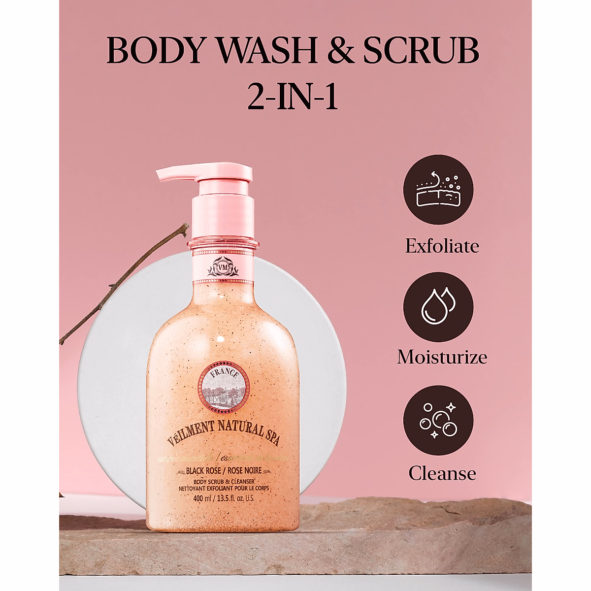 VEILMENT NATURAL SPA 2-in-1 BODY WASH & BODY SCRUB BLACK ROSE(13.53fl.oz) - Natural Exfoliating Salt Scrub for Deep Cleansing - Effective on Scars & Wrinkles - Exfoliate & Moisturize Skin Polishes