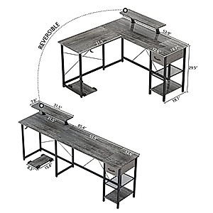 PONROL L Shaped Computer Desk with Storage Drawer Shelves and Monitor Stand, Modern Reversible Corner Gaming Table Sturdy Writing Workstation for Home Office