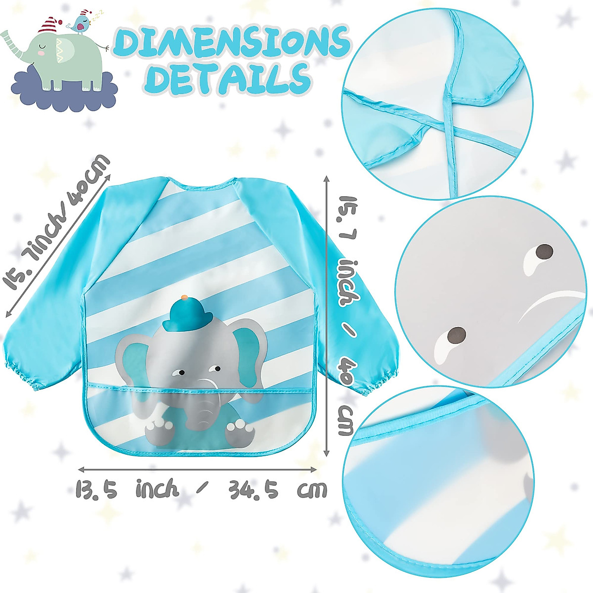 R HORSE 5Pcs Long Sleeved Bib for Babies Toddlers Waterproof Sleeved Bib with Great Capacity Pocket Cartoon Baby Bib Infants Feeding Bibs with Elephant Bear Fox Pattern for Baby Shower Age 6-36 months