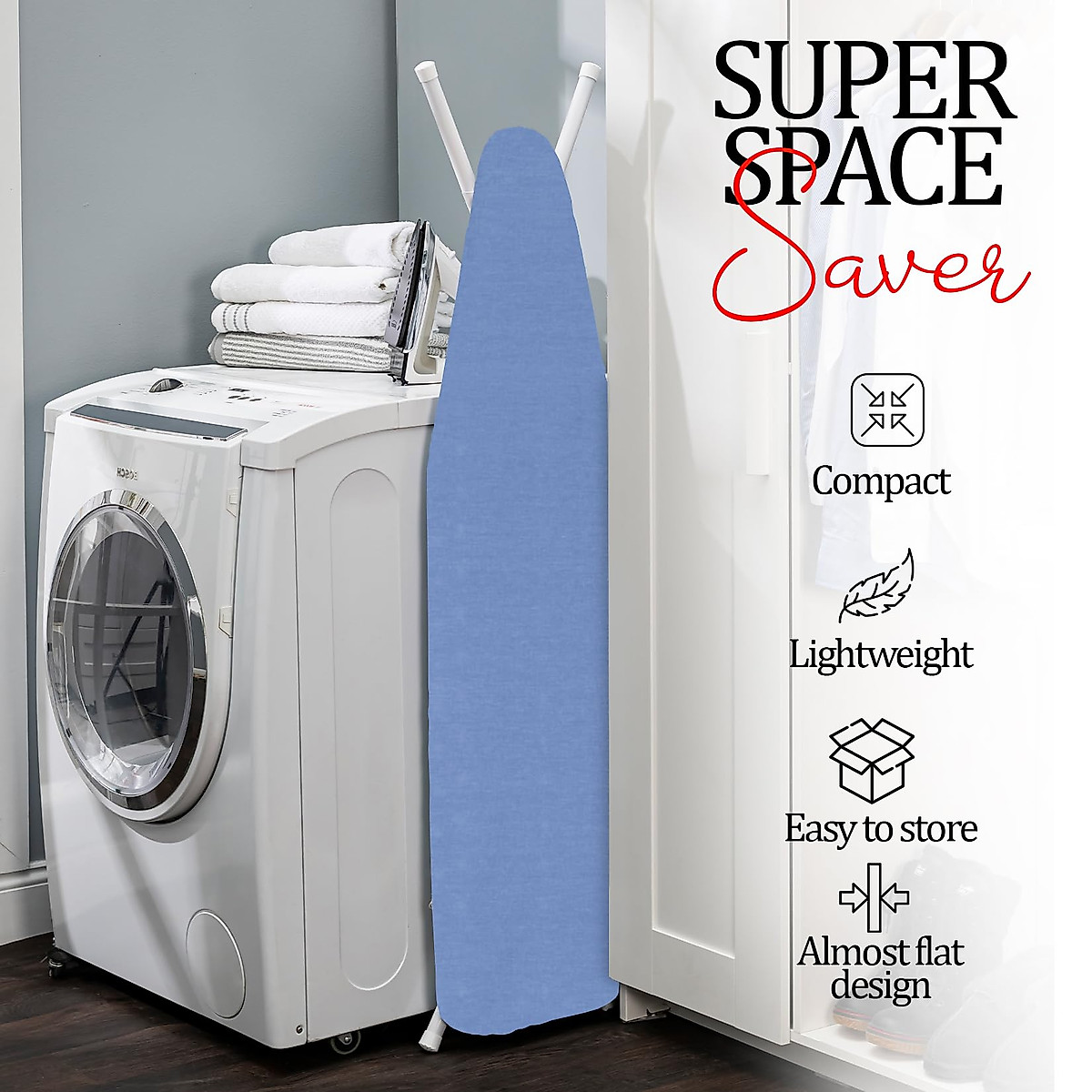 Tidy Zebra Compact Ironing Board Full Size MADE IN THE USA – 4 LEG Extra Durable & Sturdy Ironing Boards with Thick Iron Board Cover – Foldable Ironing Board for Easy Storage Height Adjustable (13x53)