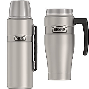 THERMOS Stainless King Vacuum-Insulated Beverage Bottle (40 Ounce) and Travel Mug (16 Ounce), Matte Steel