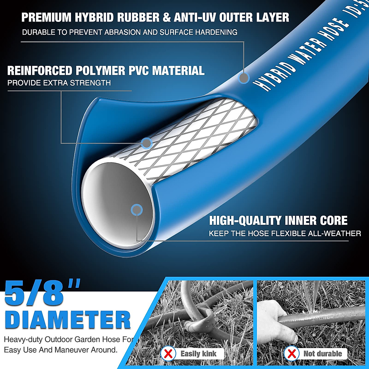 GREENER Heavy Duty Garden Hose 50ft, 5/8" Flexible Hybrid Rubber Hose, Kink-resistant Water Hose with Leakproof Swivel Grip, 3/4in Solid Fittings and Functional Nozzle, For Outdoor Garden Lawn