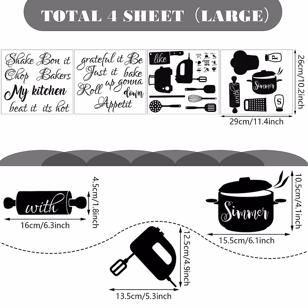 Seajan Kitchen Wall Stickers Kitchen Quotes Wall Decals with Funny Lettering Vinyl Fun Utensils Sticker Peel and Stick Wall Arts for Fridge Restaurant Bar Home Decoration (Black,Medium)