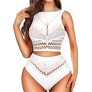 RSLOVE Womens Lingerie Set Sexy Fishnet Bodysuit Lace Babydoll 2 Piece Set One Size White