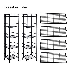 Convenience Concepts Xtra Storage Shelves - 5 Tier Folding Metal Shelving with Set of 4 Extension Shelves - Modern Shelves for Storage and Display in Living Room, Bathroom, Office, Black