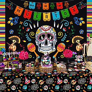 Day of the Dead Party Decorations, Mexican Fiesta Pennant Hanging Banner Sugar Skull Dia De Los Muertos Backdrop and Table cover for Day of the Dead Party Supplies