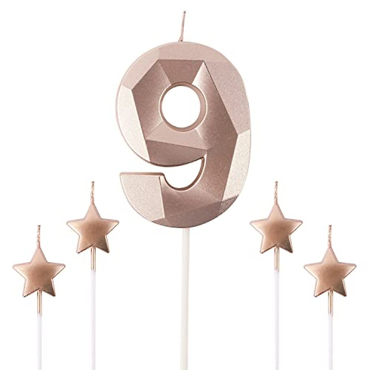 Rose Gold Number 9 Birthday Candles and Star Birthday Candles 2.76 inch Birthday Cake Candles 3D Diamond Shaped Candles are Suitable for Birthday Parties and Anniversary Cake Decorations Candles