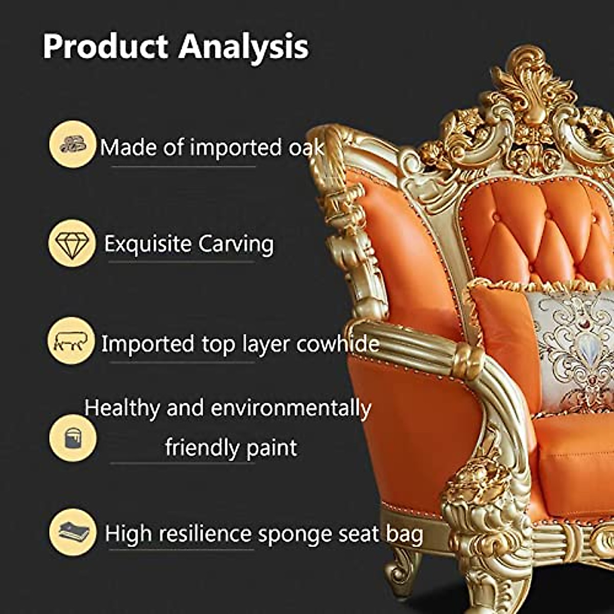 DEKIST Solid Wood Leather Sofa, European-Style Villa Living Room Luxury Leather Sofa, Mansion Solid Wood Furniture Suitable for Villa Living Room with Pillows